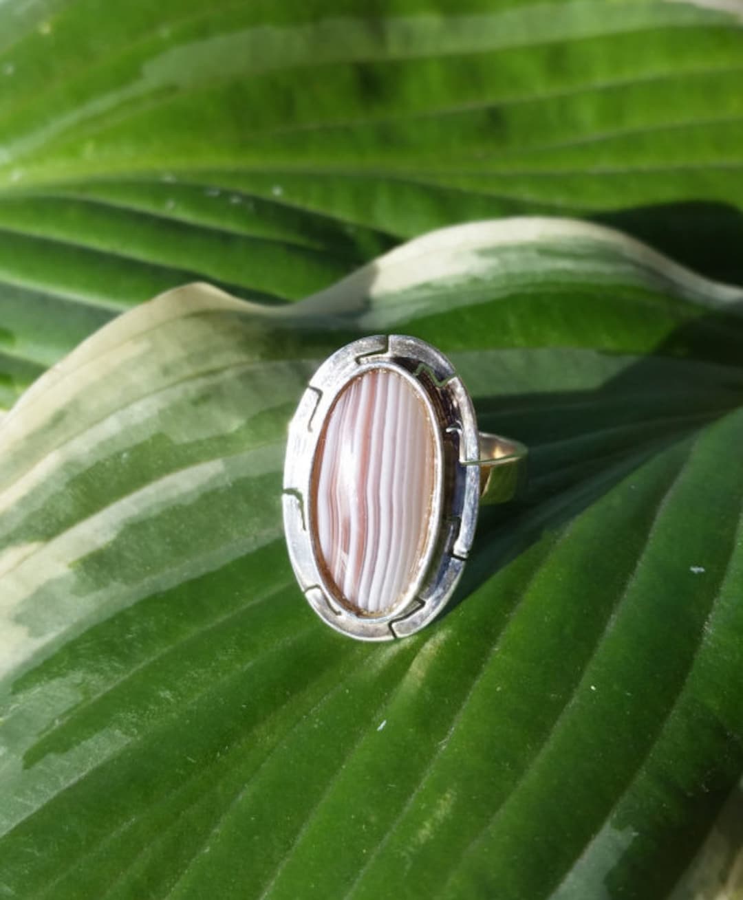5-3 Red and White Banded Lake Superior Agate Ring Set in .925 Sterling ...