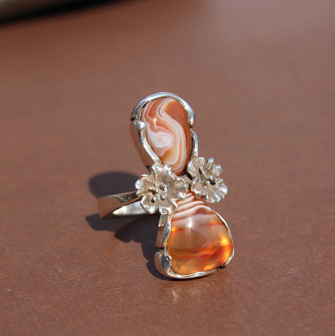 6-35 Lake Superior Agate Ring Featuring a Double Stone Setting in .950 ...
