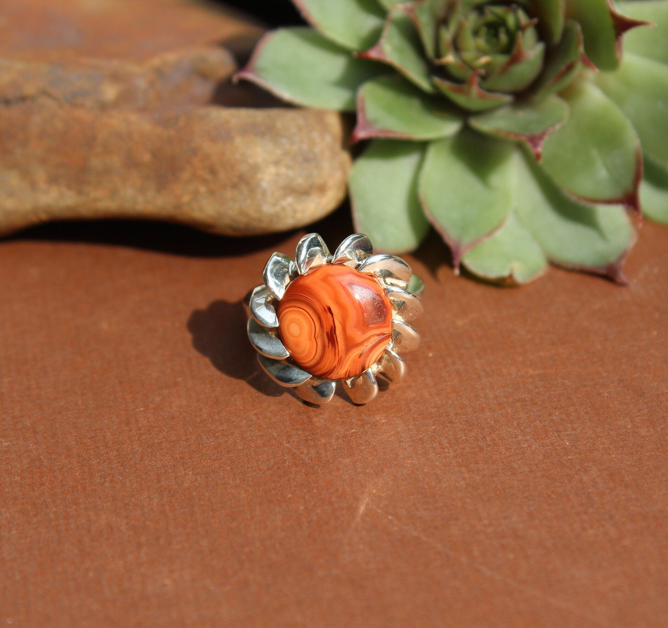 4-4 Salmon Color Lake Superior Agate Ring Set in .950 Sterling Silver ...