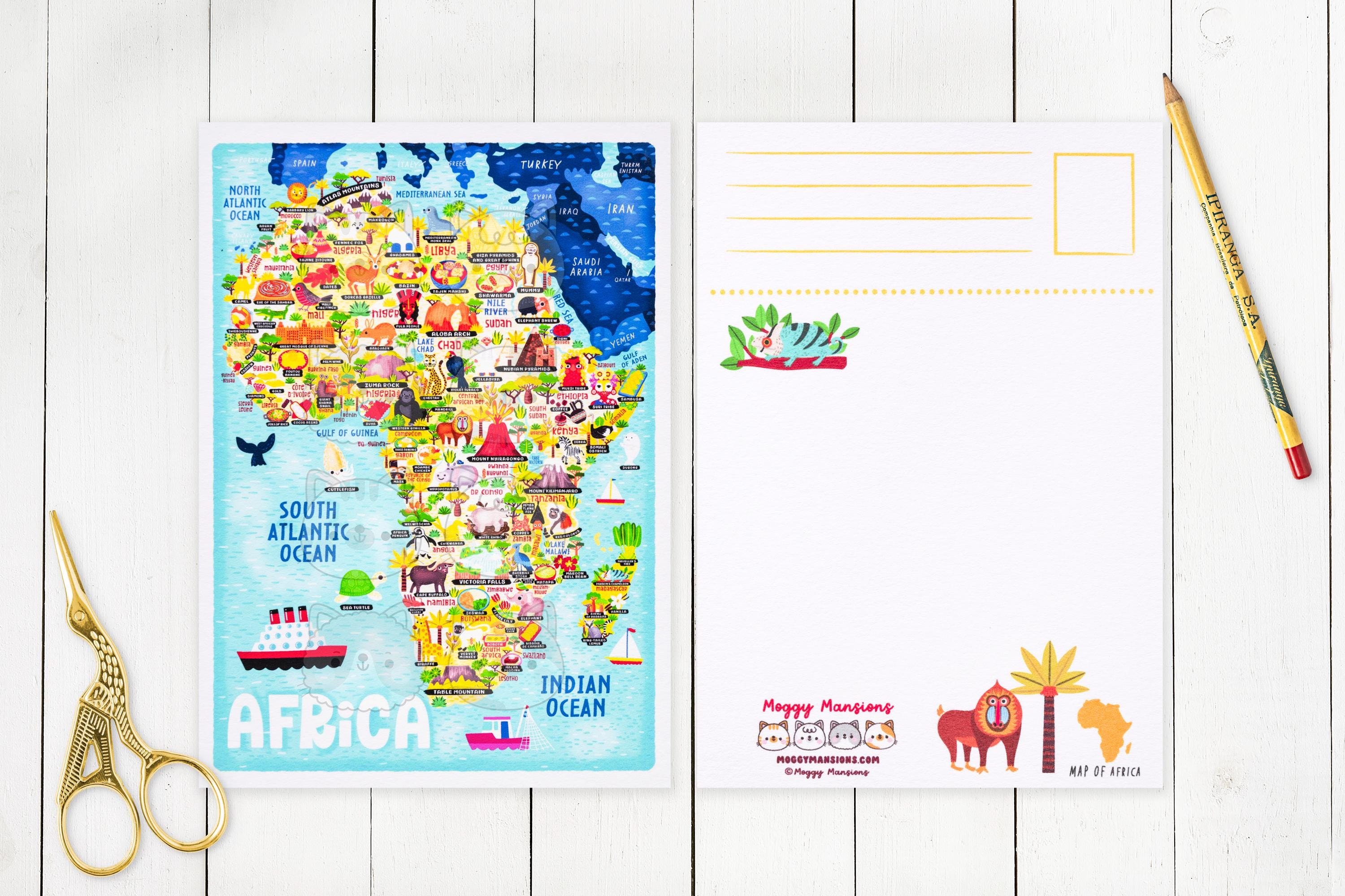 Africa Map Postcard - Map of Africa - Africa Map - Illustrated Africa ...
