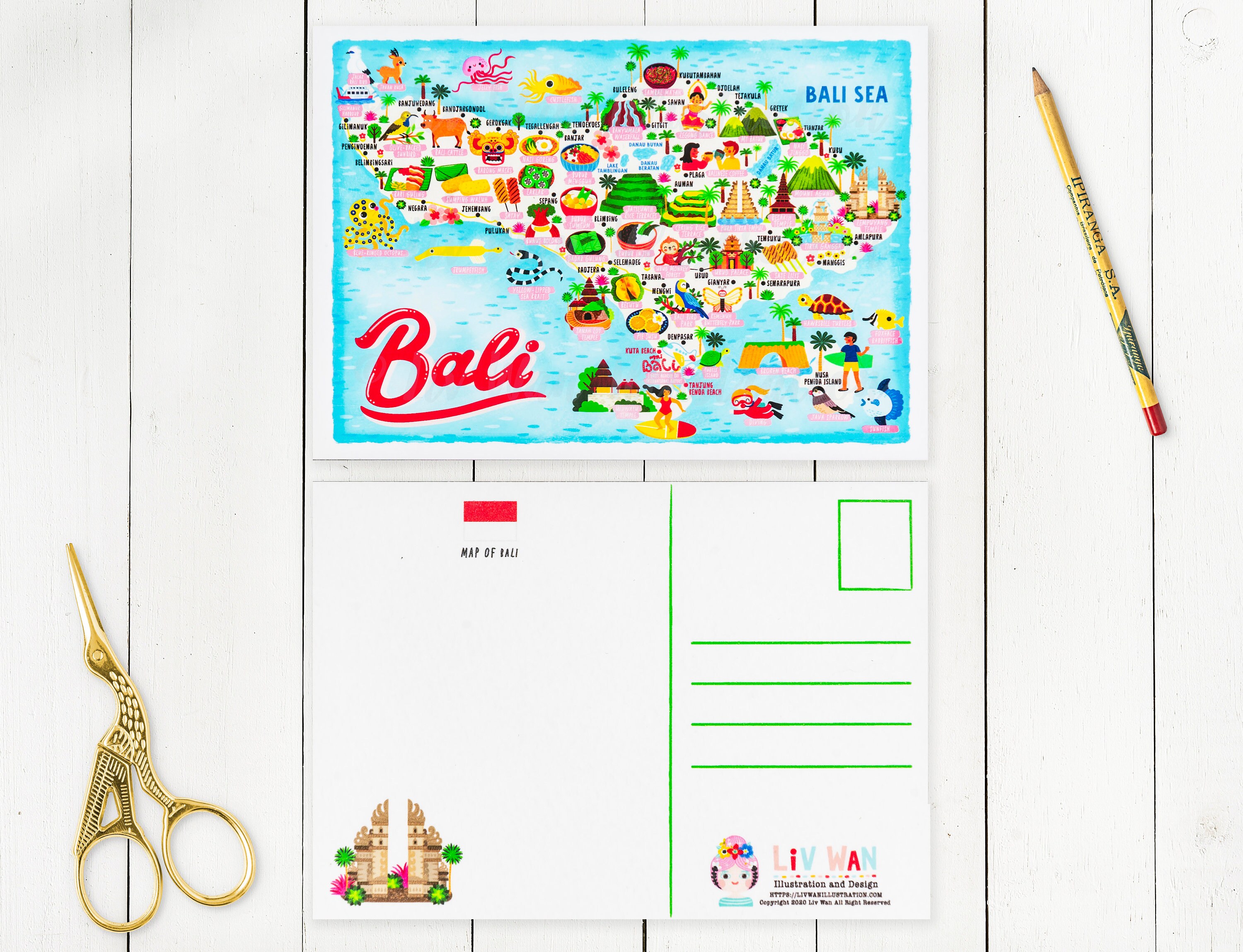 Bali Map Postcard - Map of Bali - Bali Map - Illustrated Bali Map ...