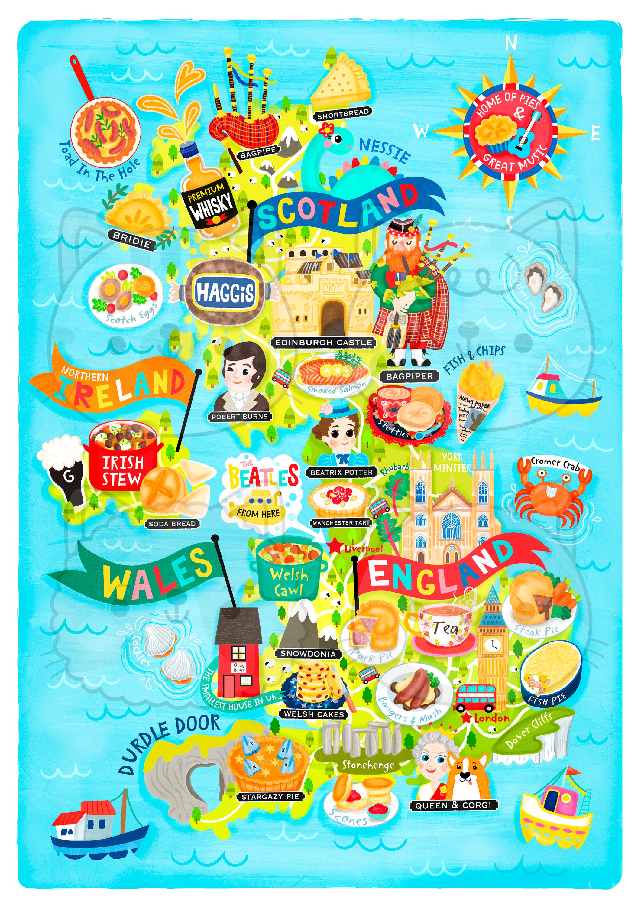 UK Map Poster - Map of UK - UK Map - Illustrated Uk Map - Wall Art ...