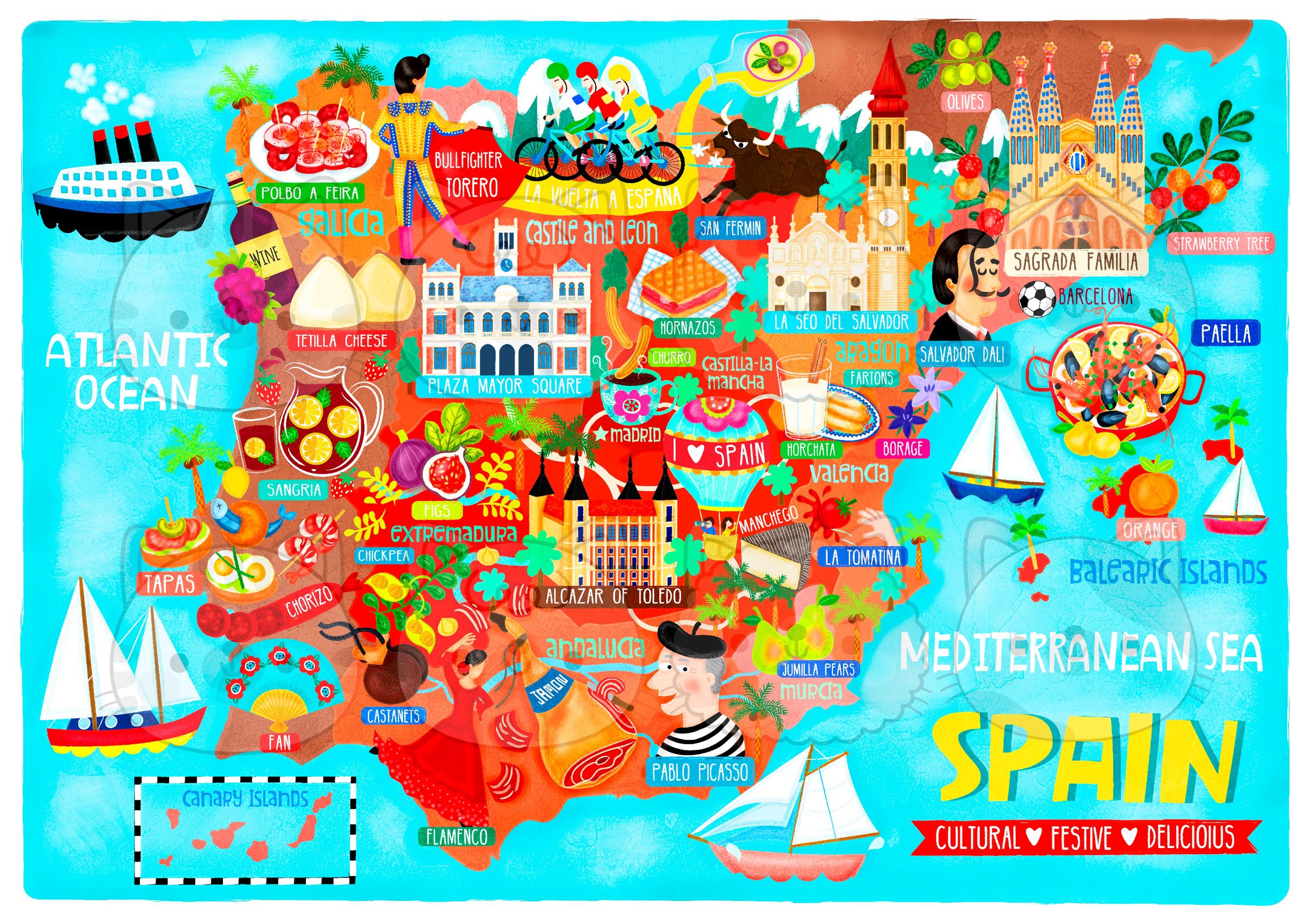 Spain Map Poster - Spain Map - Map of Spain - Illustrated Spain Map ...
