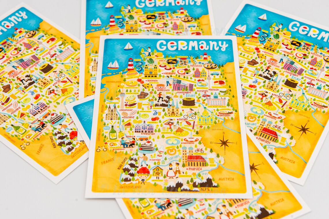 Germany Map Postcard. Illustrated Map of Germany A6 Size - Etsy UK