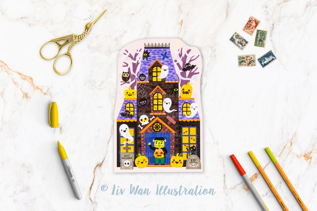 Carte postale de la maison hantée. Carte postale d'Halloween découpée ...