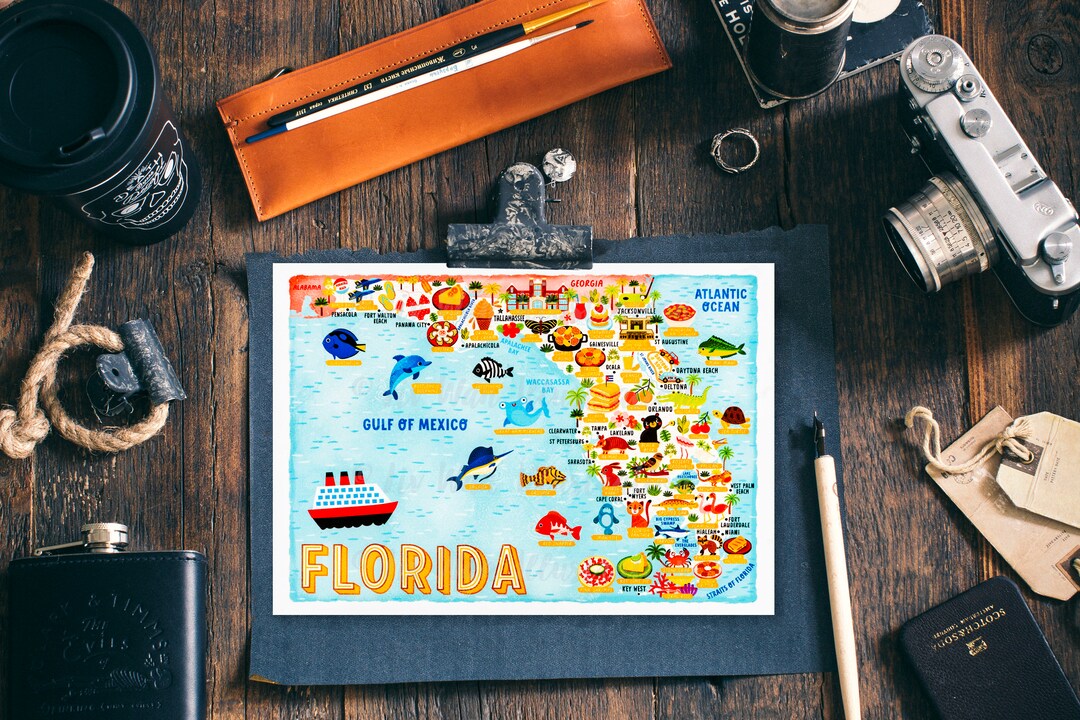 Florida Map Postcard - Map of Florida - Florida Map - Illustrated ...
