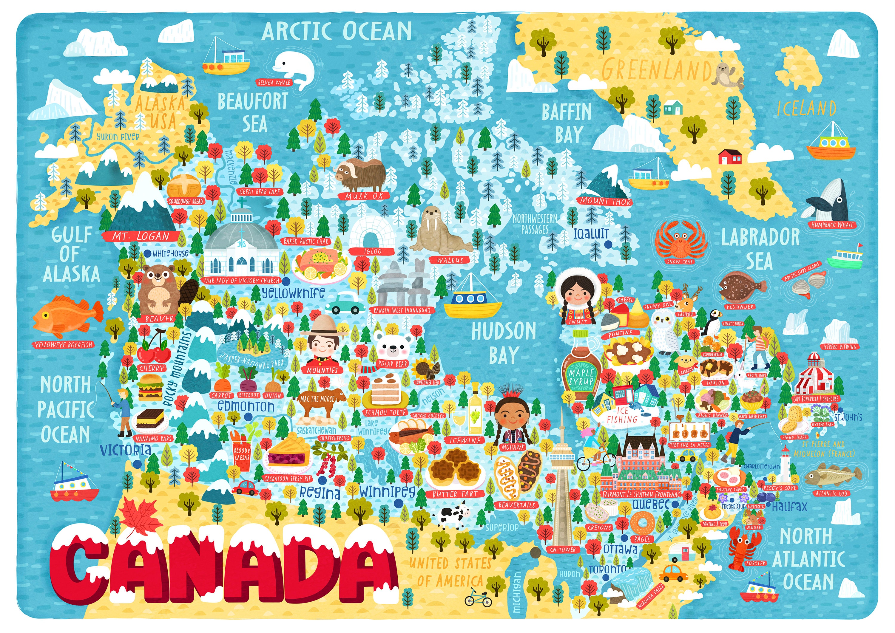 Canada Map Wall Art Poster Print Illustrated Map Wall Decor | Etsy