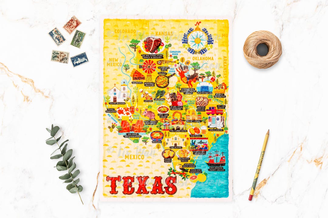Texas Map Puzzle - Map of Texas - Texas Map - Puzzle Gift - Illustrated ...