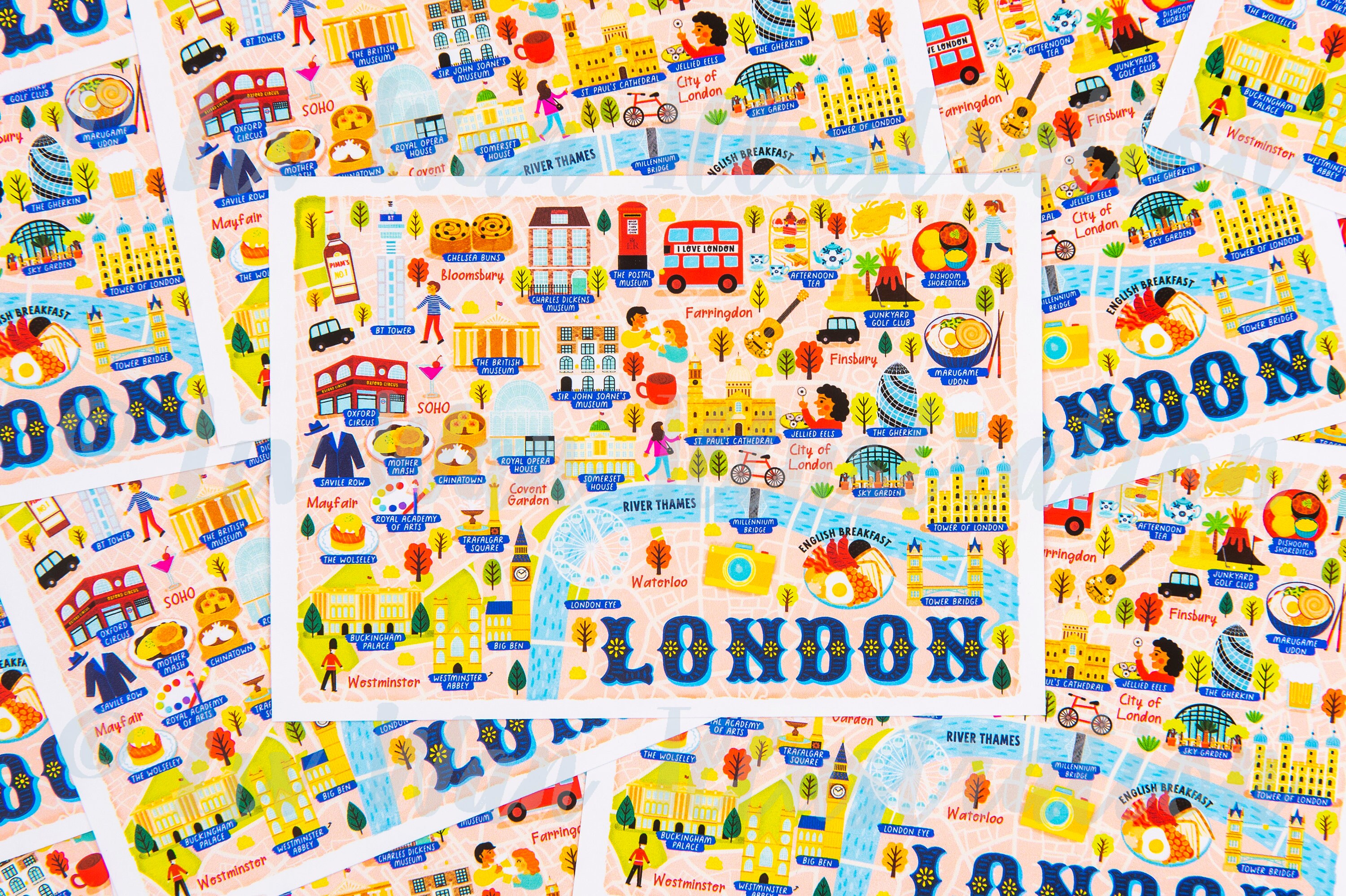 London Map Postcard - Map of London - London Map - Illustrated London ...