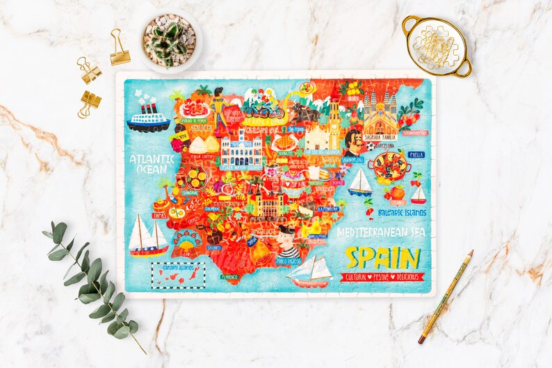 Spain Map Puzzle - Map of Spain - Spain Map - Puzzle Gift - Illustrated ...