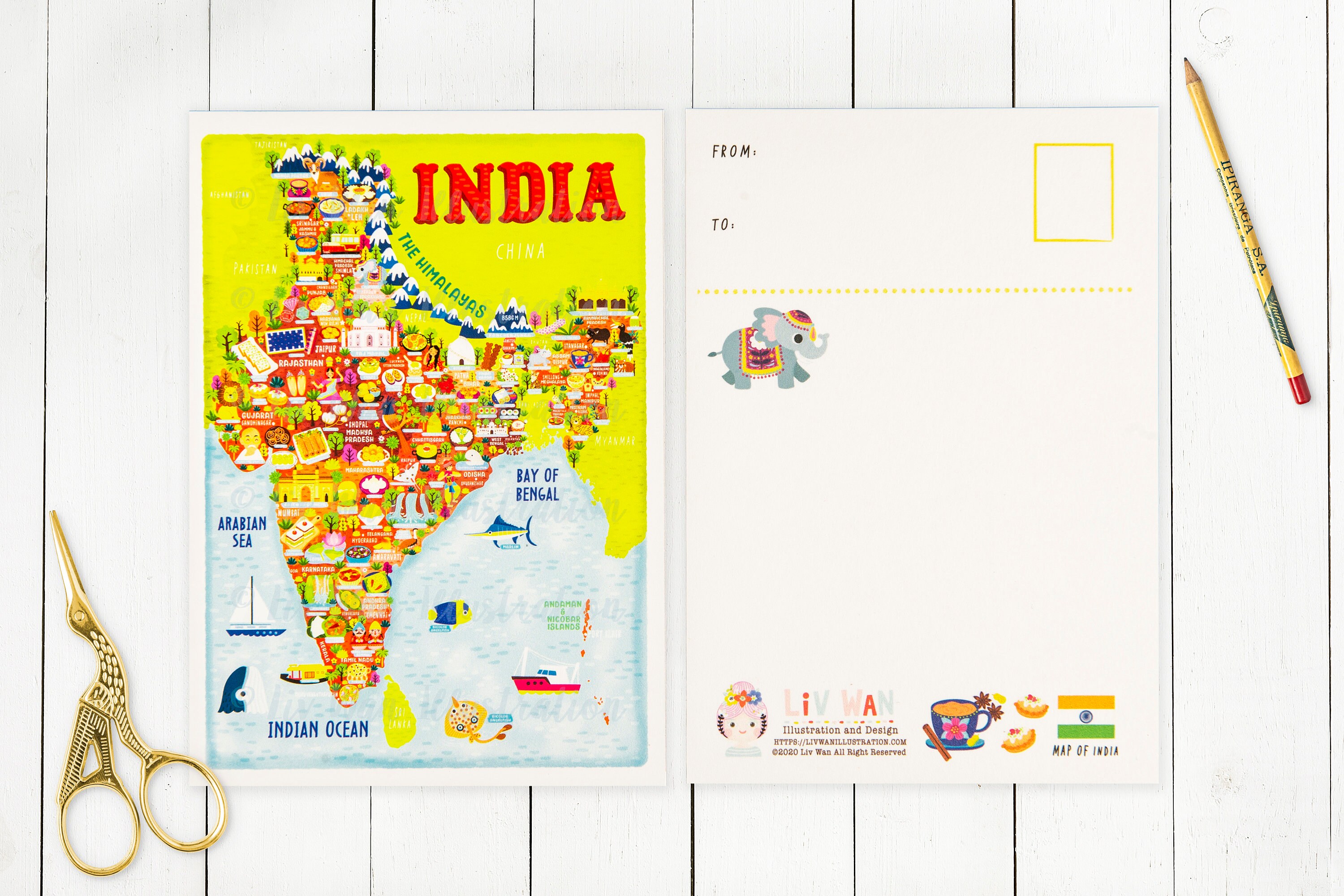 India Map Postcard - Map of India - India Map - Illustrated India Map ...