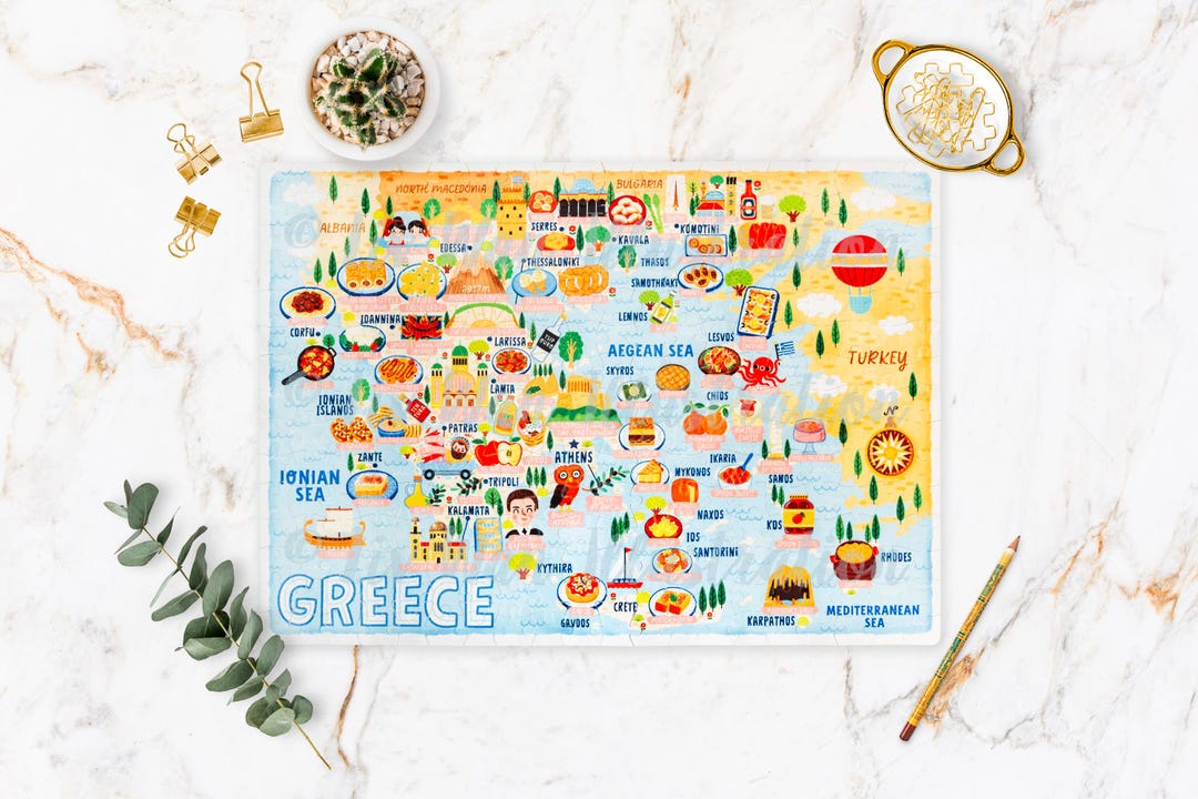 Greece Map Puzzle Map of Greece Greece Map Puzzle Gift Illustrated ...