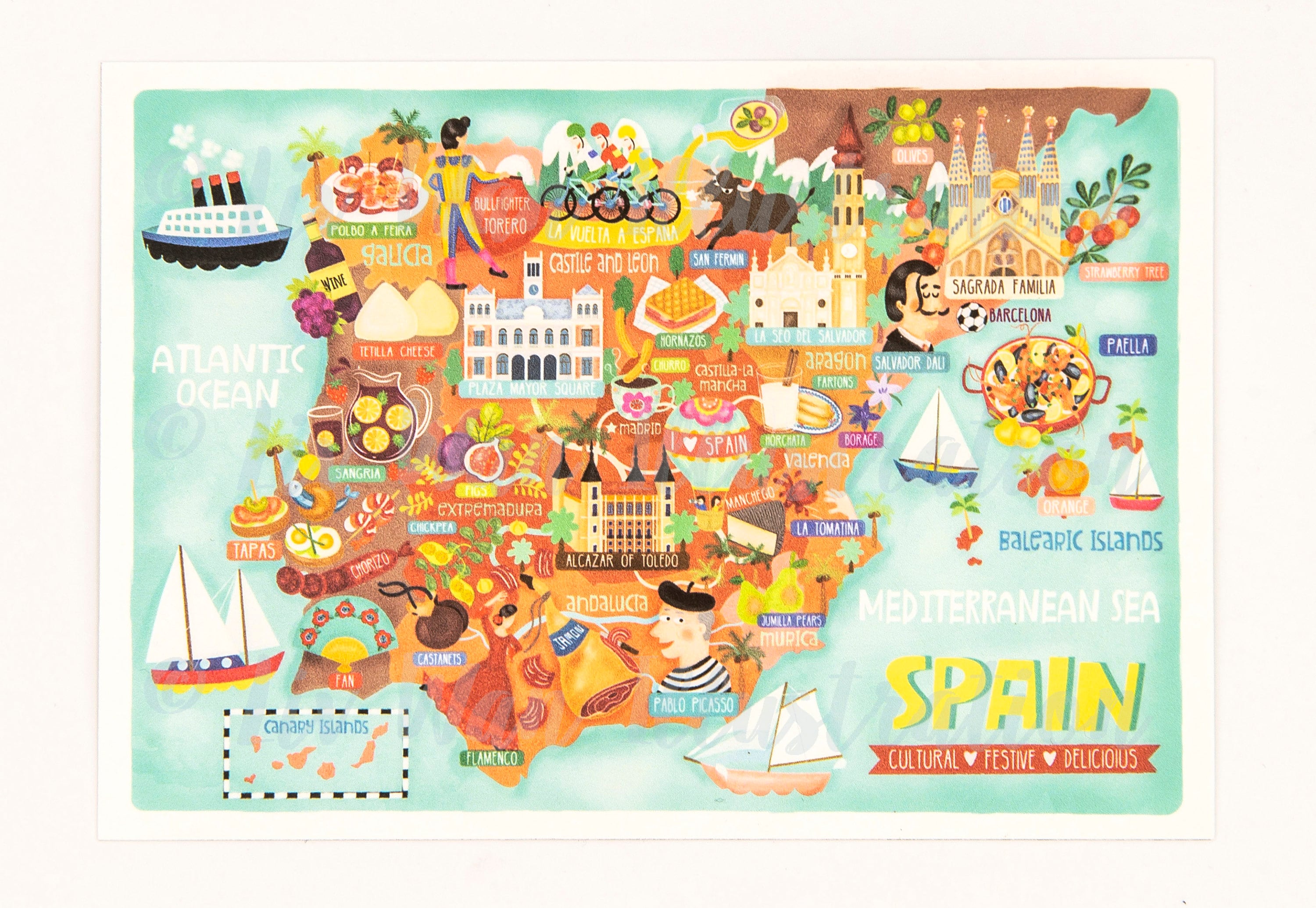 Spain Map Postcard. Illustrated Map of Spain A6 Size - Etsy Singapore