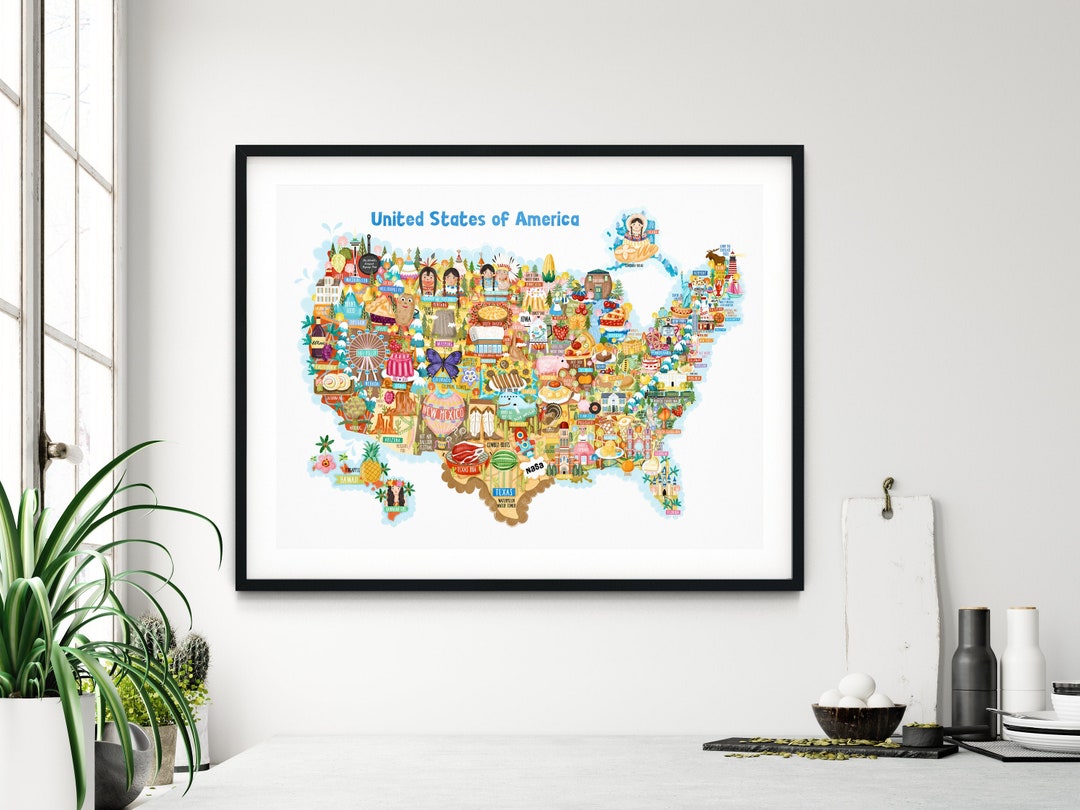 USA Map Poster - Map of USA - USA Map - Illustrated Usa Map - Wall Art ...