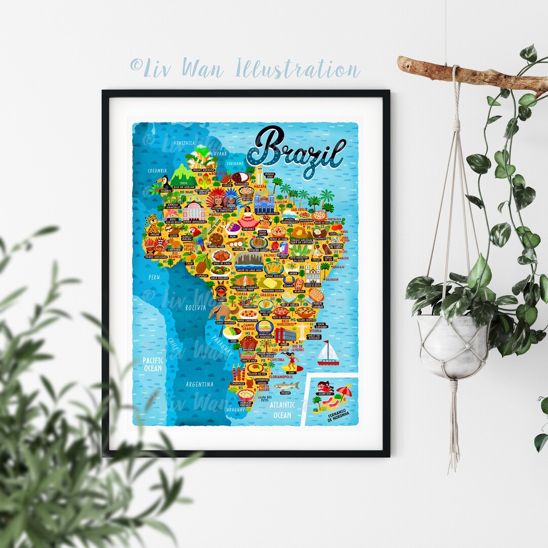 Brazil Map Poster - Brazil Map - Map of Brazil - Brazil Gift - Wall Art ...