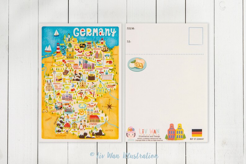 Germany Map Postcard. Illustrated Map of Germany A6 Size - Etsy UK