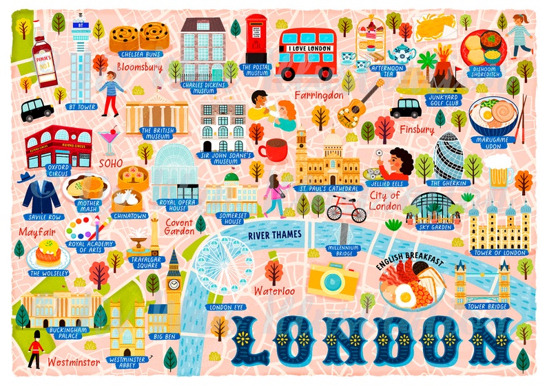 London Map Postcard - Map of London - London Map - Illustrated London ...