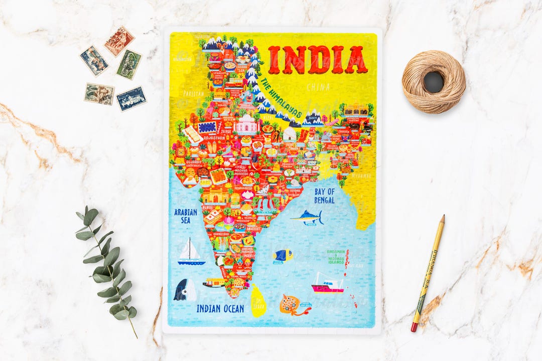 India Map Puzzle - Map of India - India Map - Puzzle Gift - Illustrated ...