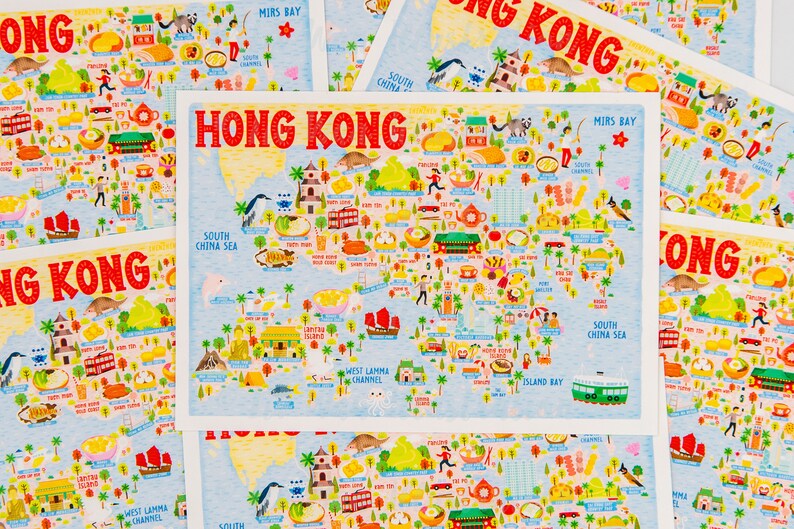 Hong Kong Map Postcard. Illustrated Map of Hong Kong A6 Size - Etsy UK