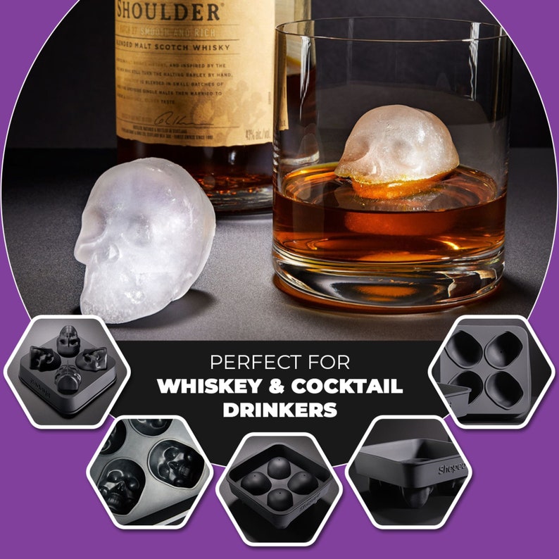 SHAPED 2-PACK 3D Large Skull Ice Mold Tray, Super Flexible Food Grade ...