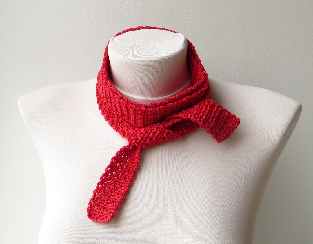 Red Skinny Scarf, Red Choker Scarf, Red Small Scarf, Knit Cotton Scarf ...