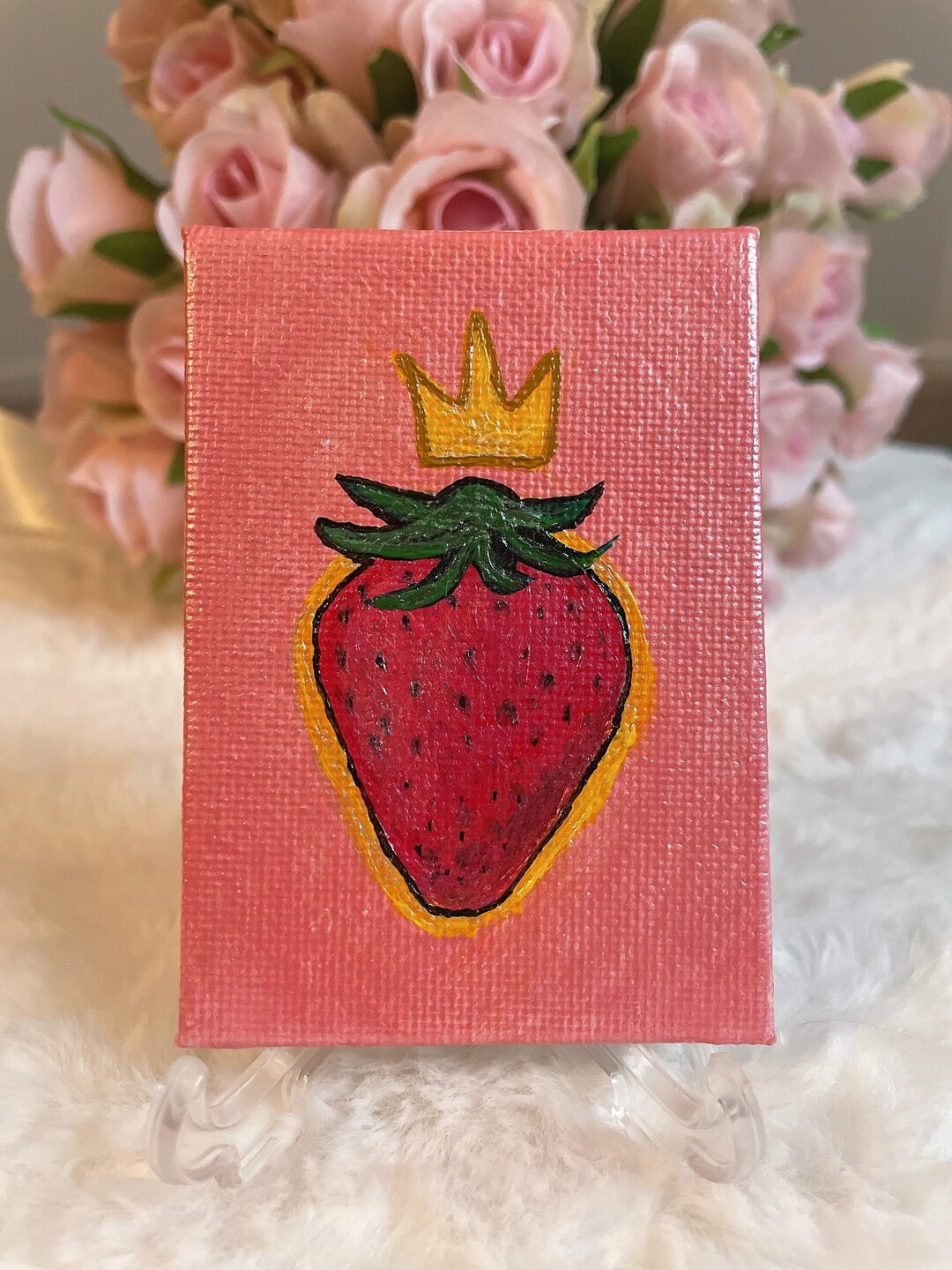 Mini Handmade Acrylic Painting of Strawberry With Crown Desk - Etsy