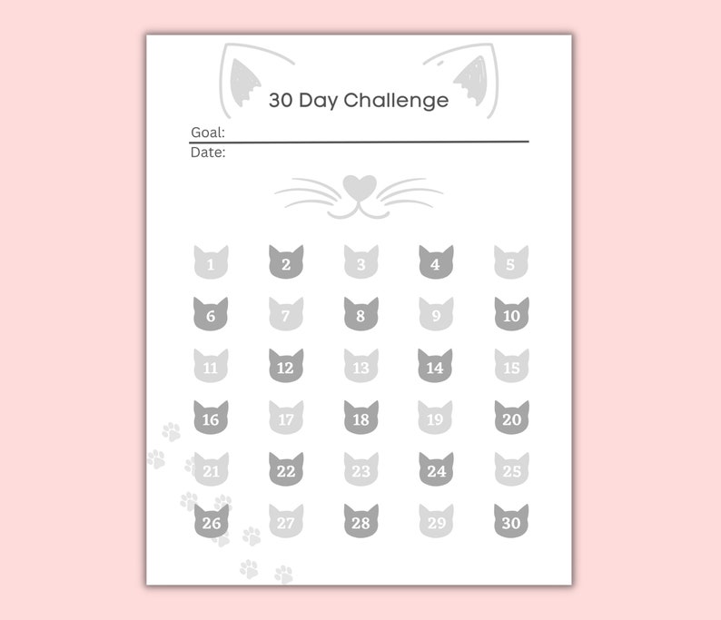 30 Day Challenge, Cat Theme Progress Tracker, Habit Tracker Printable ...