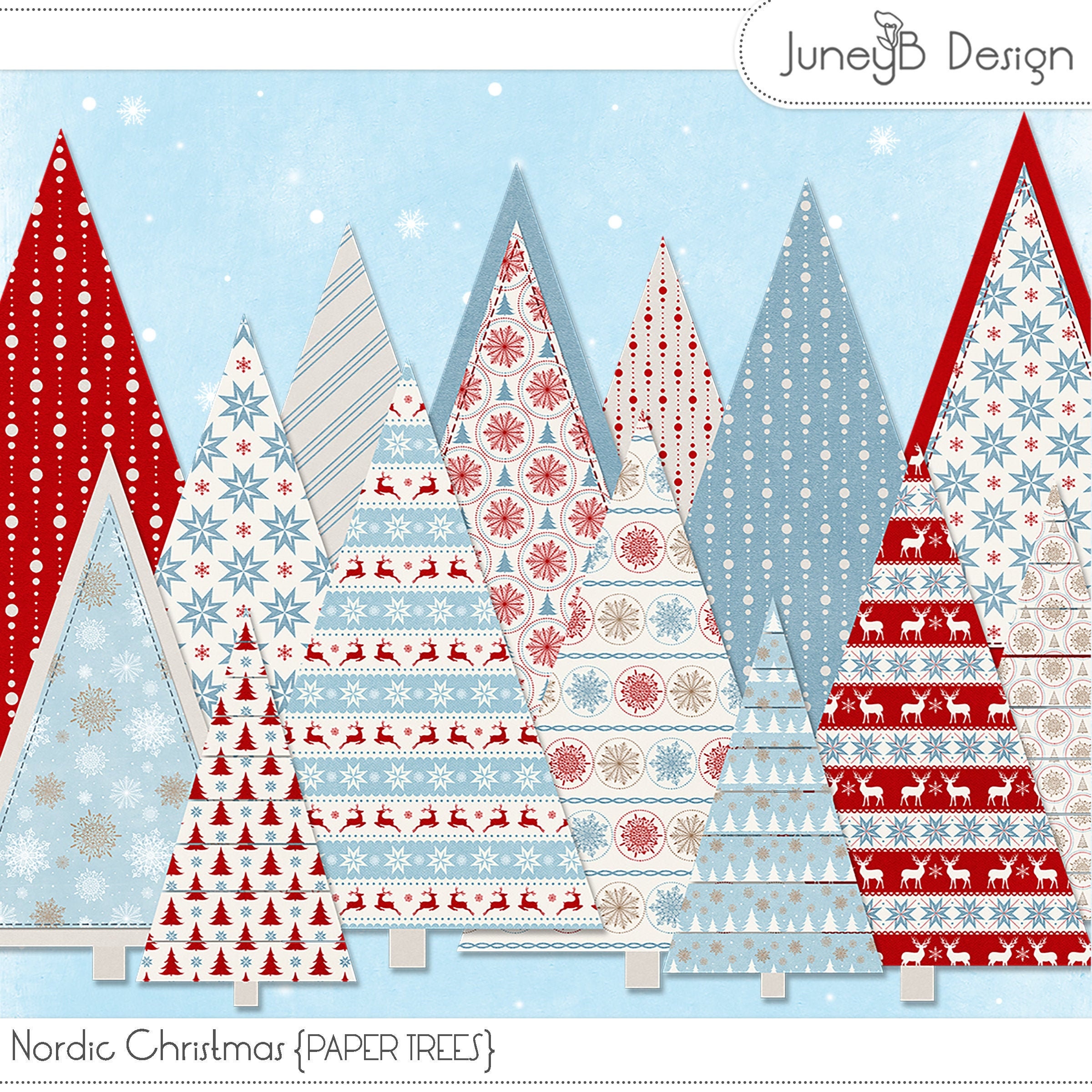 Nordic Christmas Paper Tree Clip Art, Patterned Paper Trees, Nordic ...