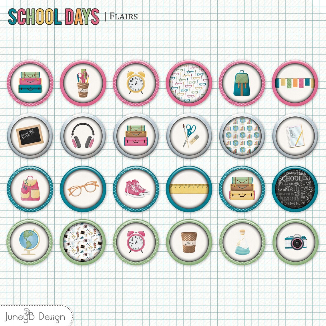 School Days Flair Buttons, Back to School Buttons, Digital Scrapbook ...