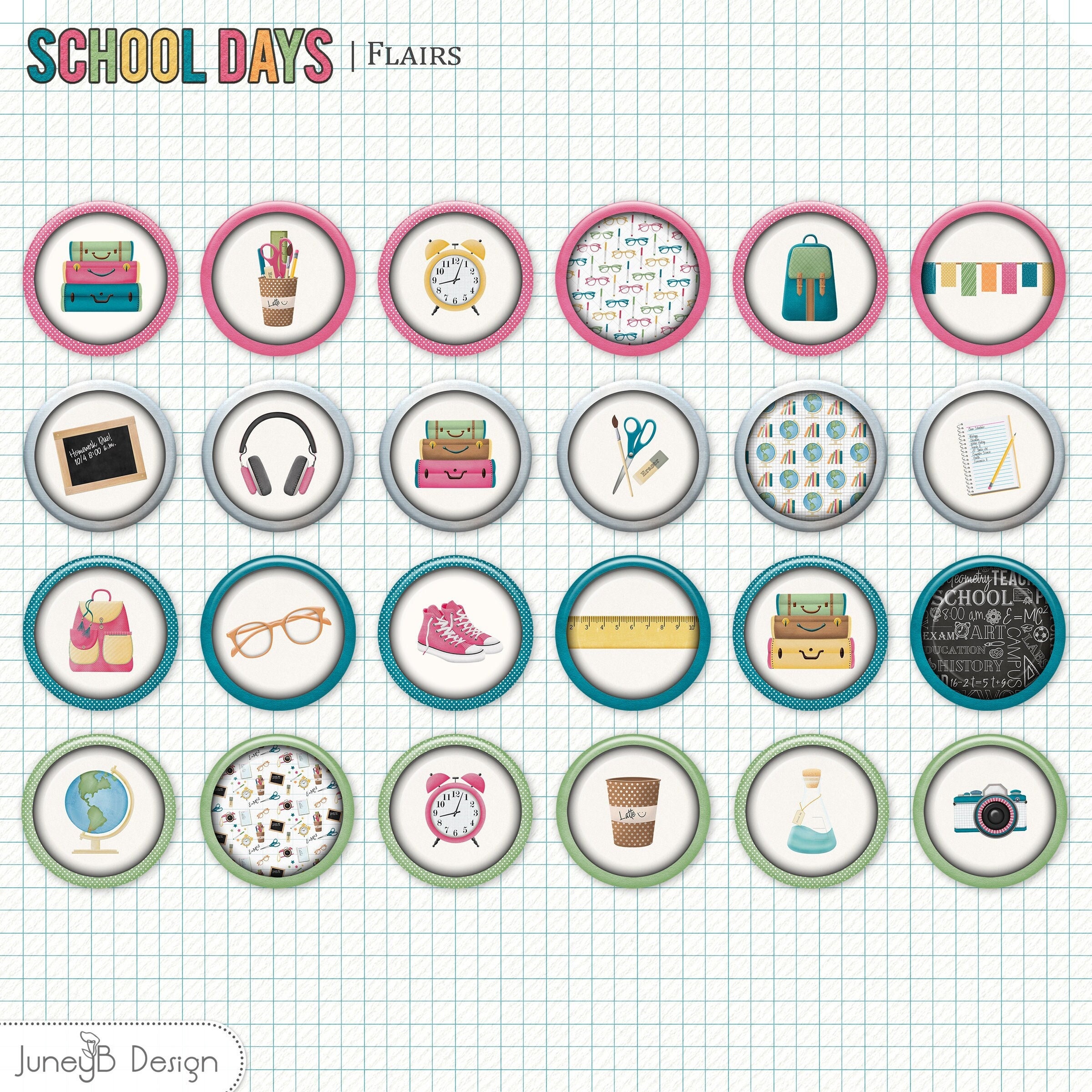 School Days Flair Buttons, Back to School Buttons, Digital Scrapbook ...