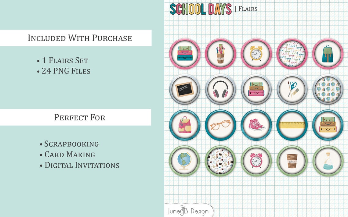 School Days Flair Buttons, Back to School Buttons, Digital Scrapbook ...