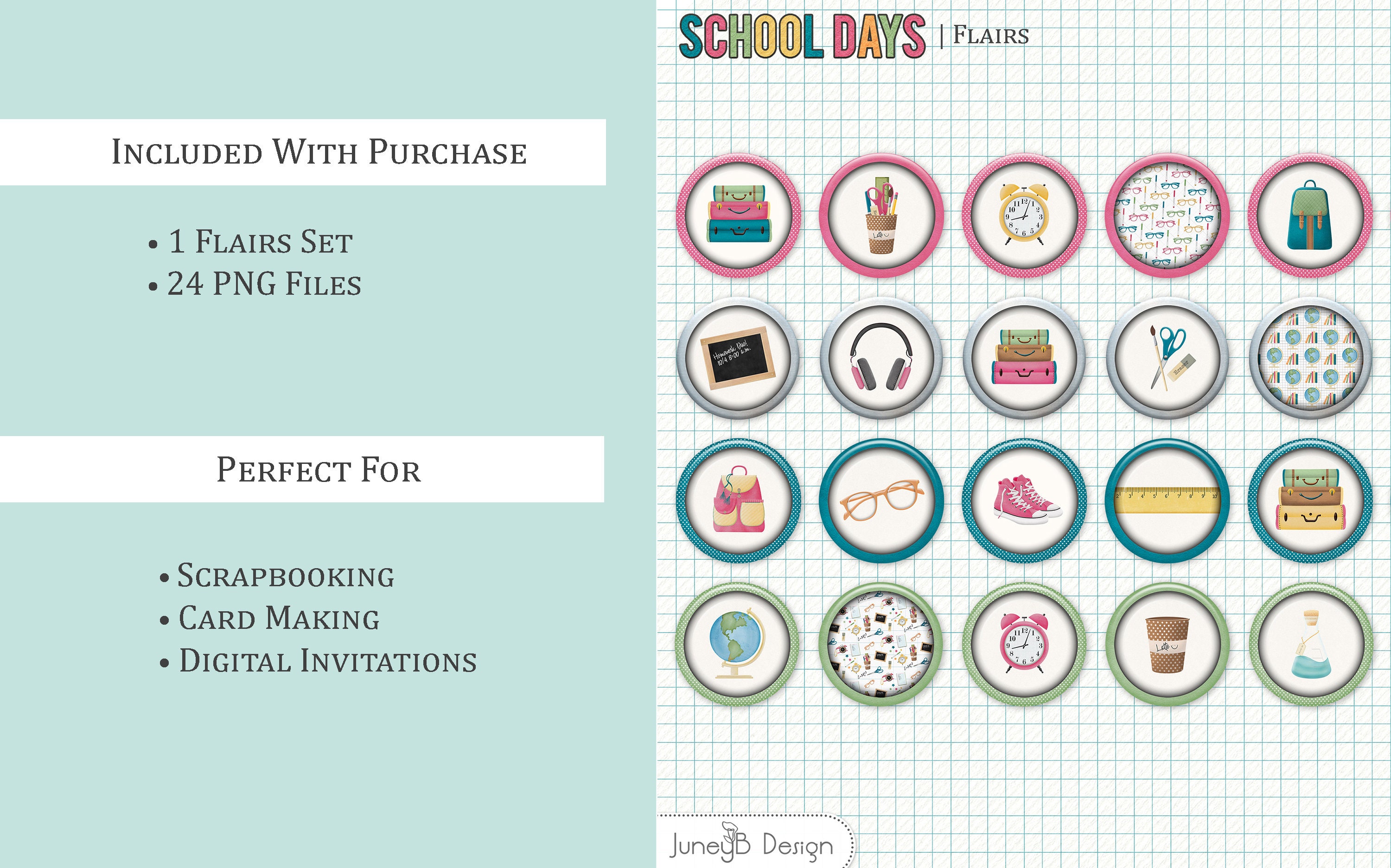 School Days Flair Buttons, Back to School Buttons, Digital Scrapbook ...