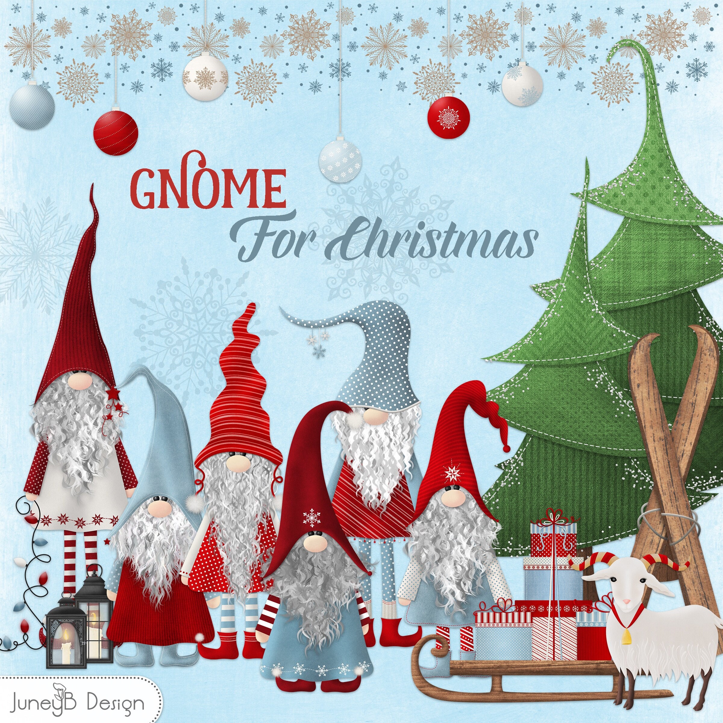 Nordic Christmas Gnome Clip Art With Pine Trees, Christmas Moose, Skis ...