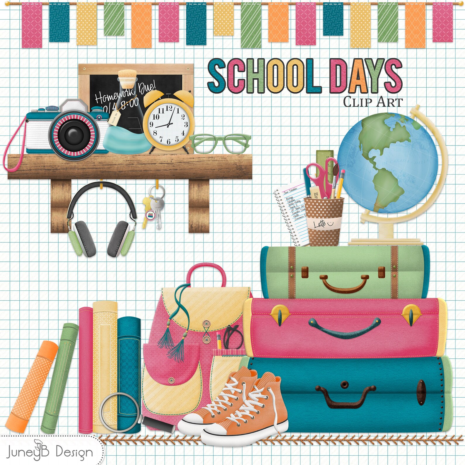 School Days Digital Kit, Back to School Clip Art, School Supplies ...