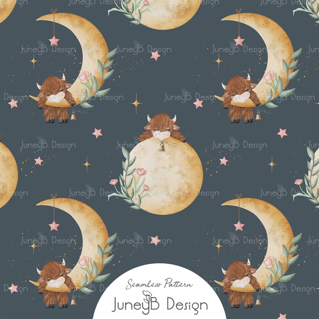 Highland Cow on Moon Seamless Pattern Custom Children's Fabric Over the ...