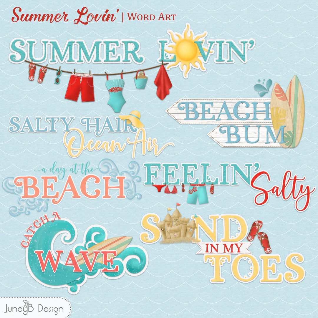 Beach Word Art Summer Word Art Digital Word Stickers Catch A Wave Word ...