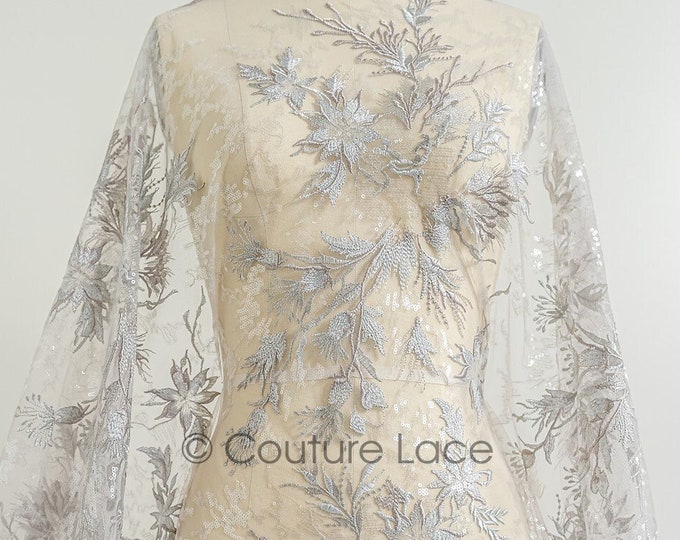 L22-442 // Romantic Light Blue-grey Lace Fabric With Floral Pattern ...