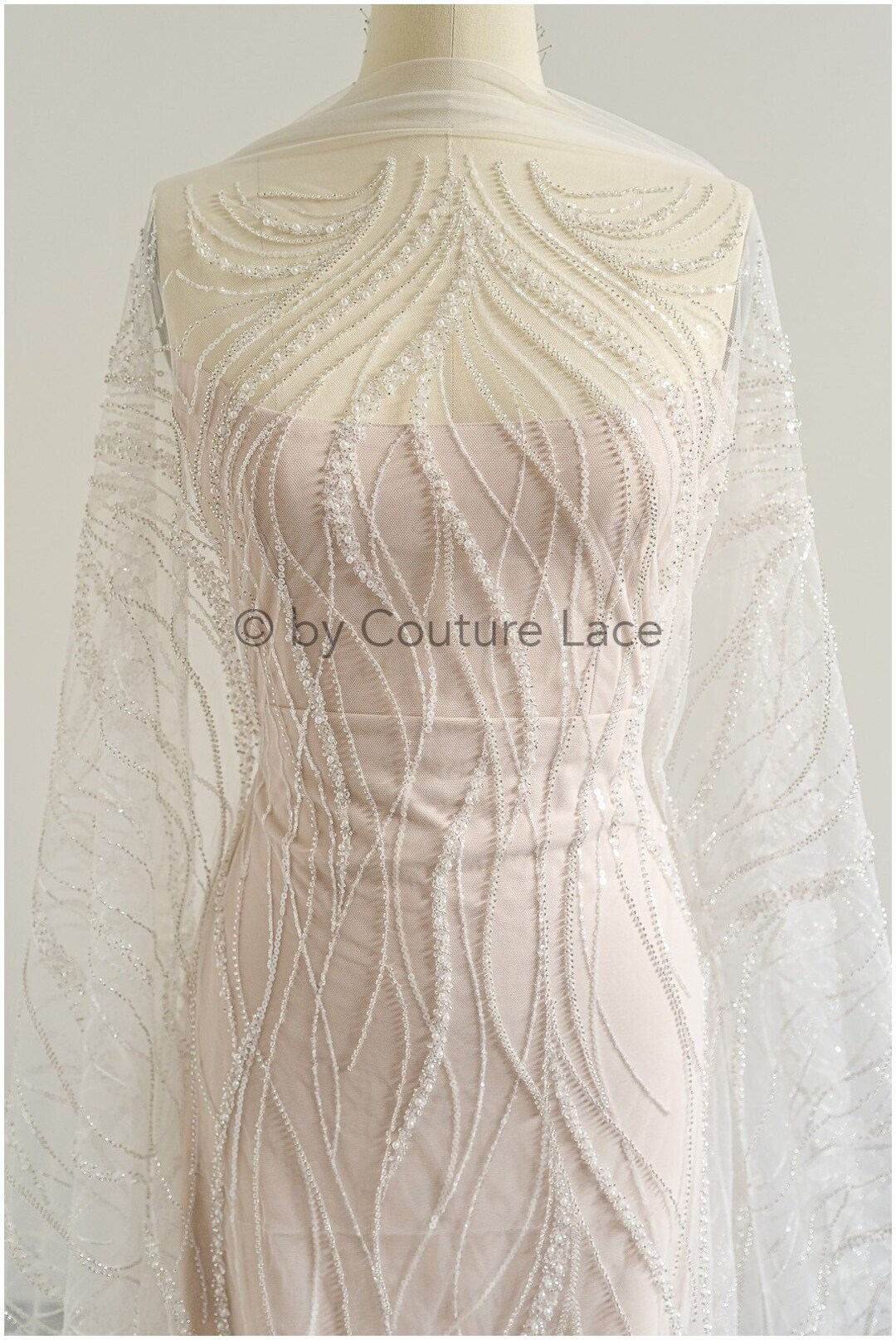 Sparkle Beaded Lace Fabric With Lines/ Couture Lace Fabric With Beads ...