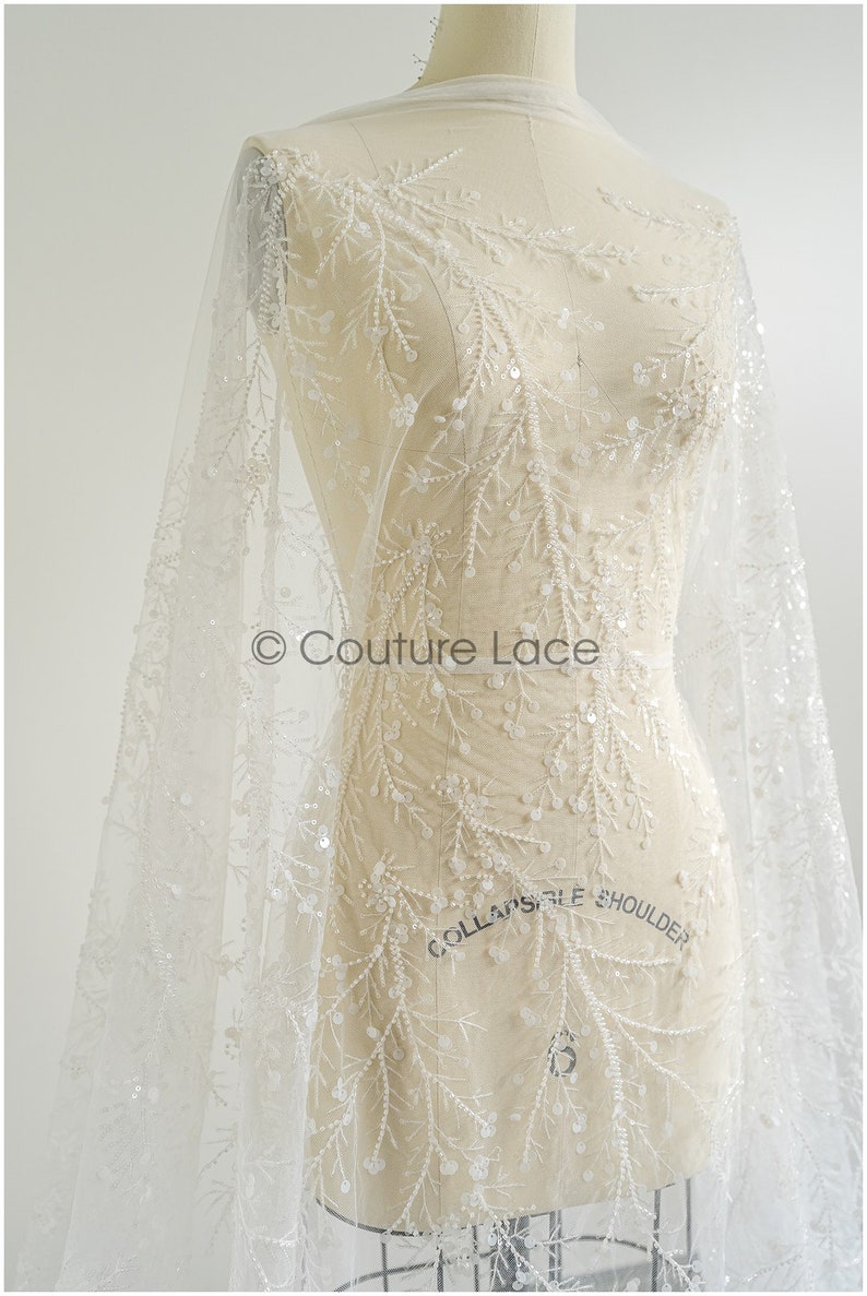 Beaded Lace Fabric/ White Couture Lace Fabric/ Off-white Bridal Lace ...
