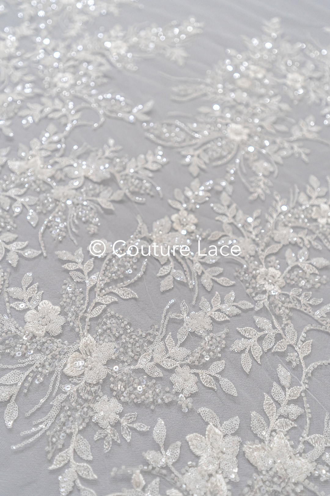 Beaded Lace Fabric/ White Couture Lace Fabric/ Off-white Bridal Lace ...