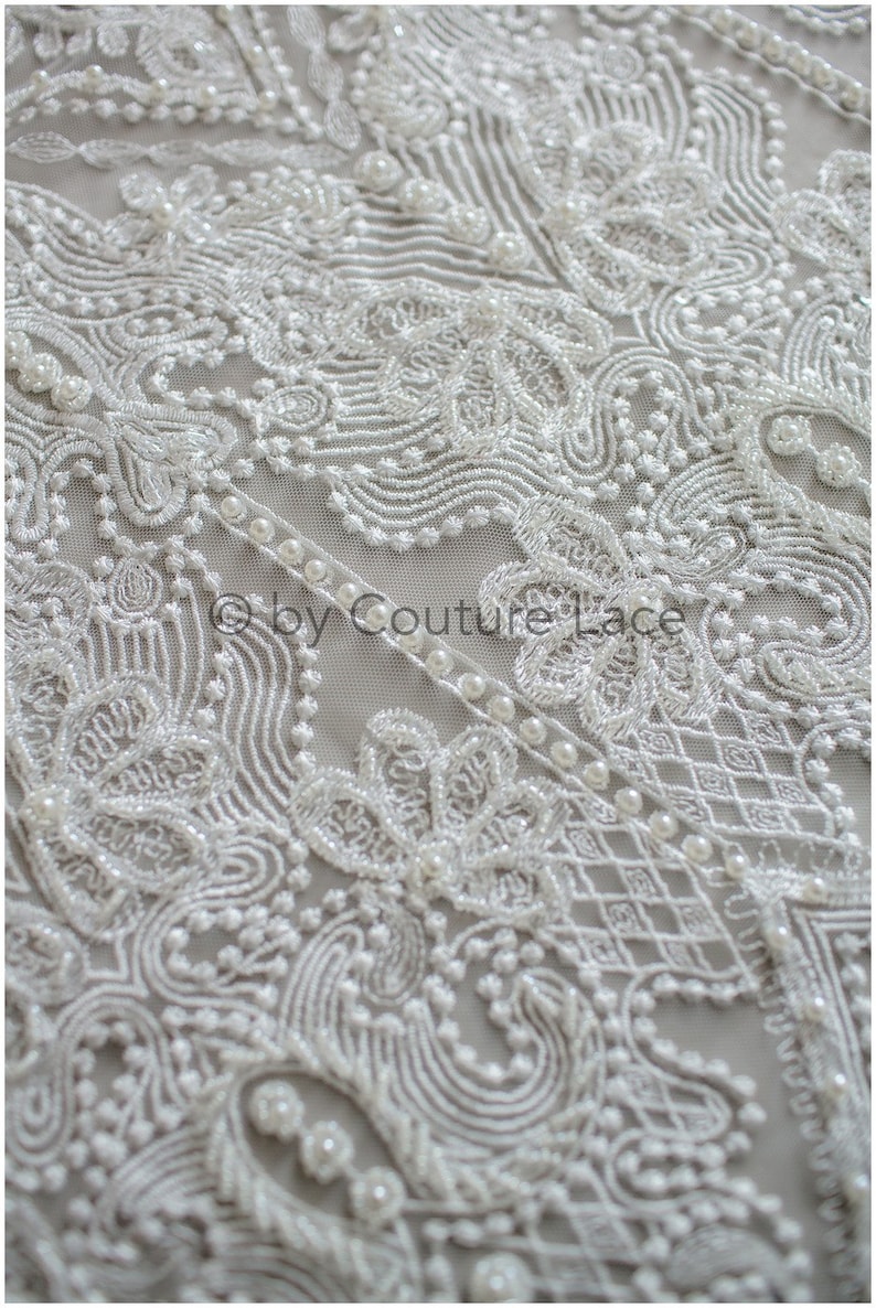 Beaded geometric lace fabric artdeco bridal lace fabric with | Etsy