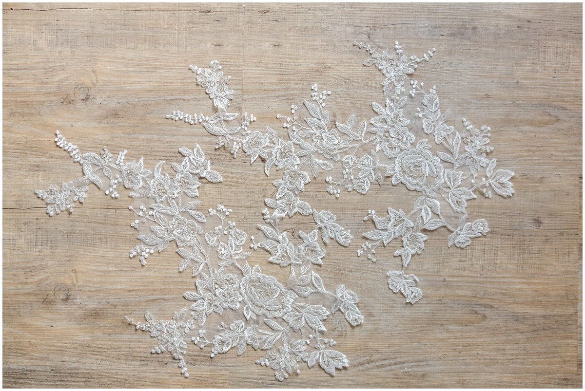 A17-052 // IVORY/ SILVER - 2pc. Mirrored Lace Flowers, Lace Patch, Lace ...