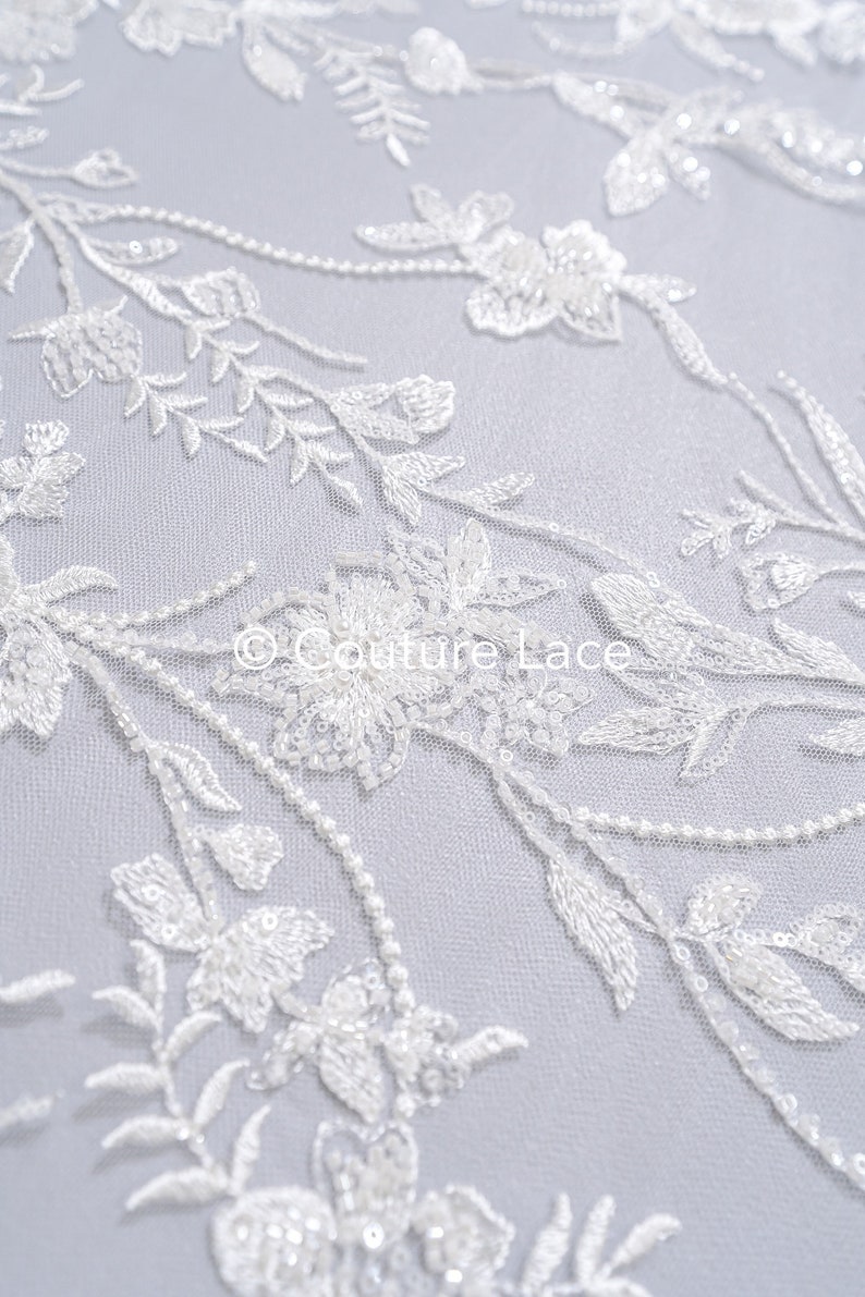 Beaded Lace Fabric/ White Couture Lace Fabric/ Off-white Bridal Lace ...