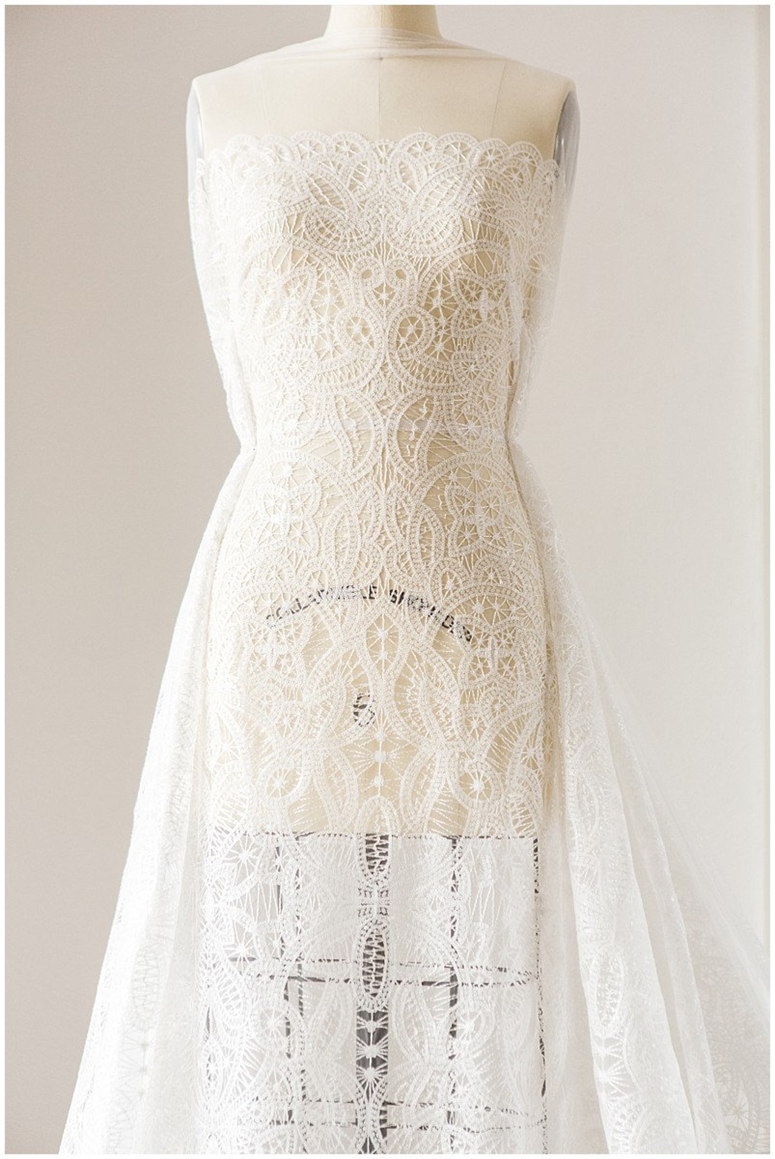 L17-116M // Modern Geometric Lace Fabric With White Sequins, Bridal ...