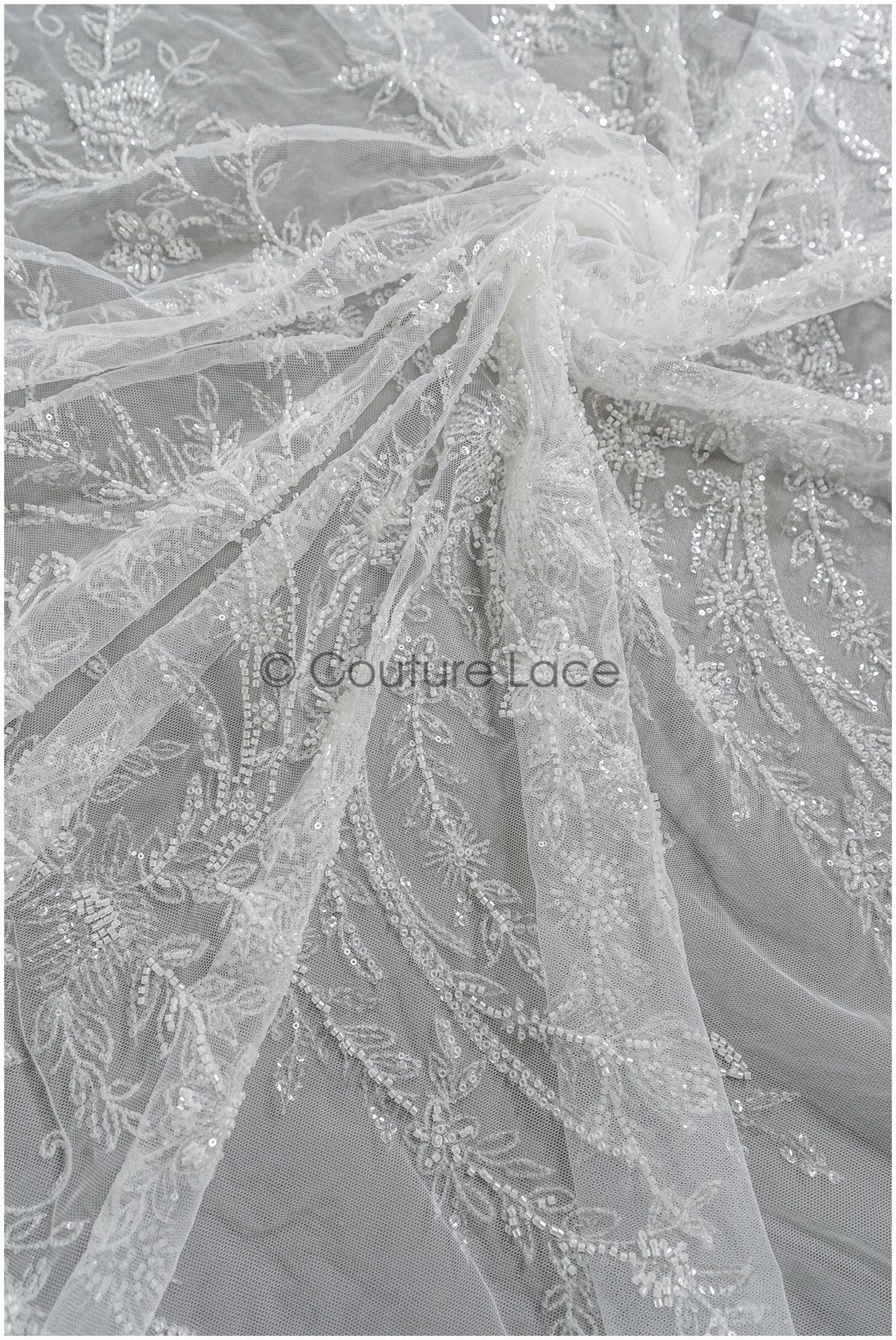 L22-468 // Beautiful Beaded Lace Fabric With Lines, Couture Lace Fabric ...