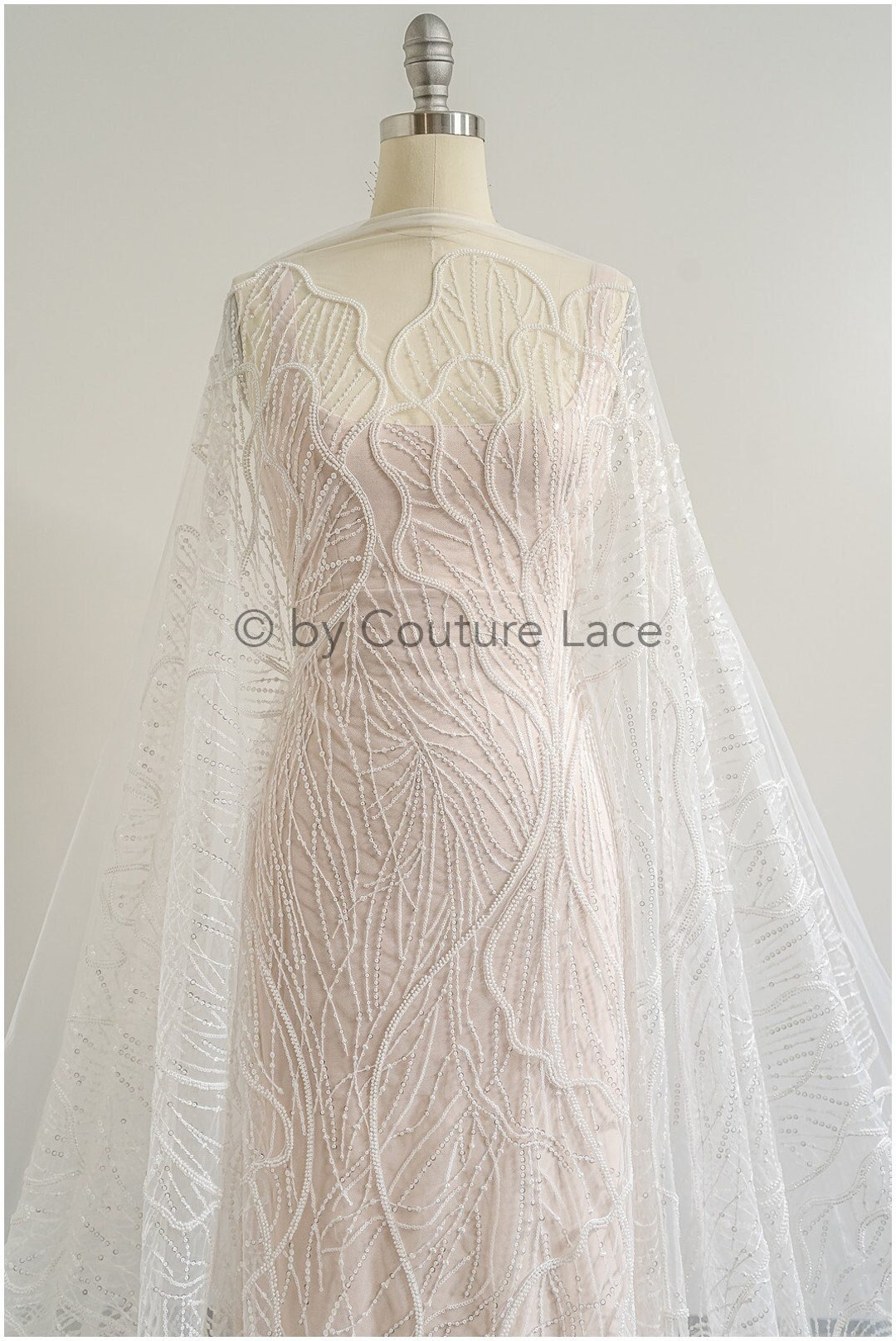 Beaded White Lace Fabric/ Off-white Beaded Wedding Dress Lace/ Couture ...