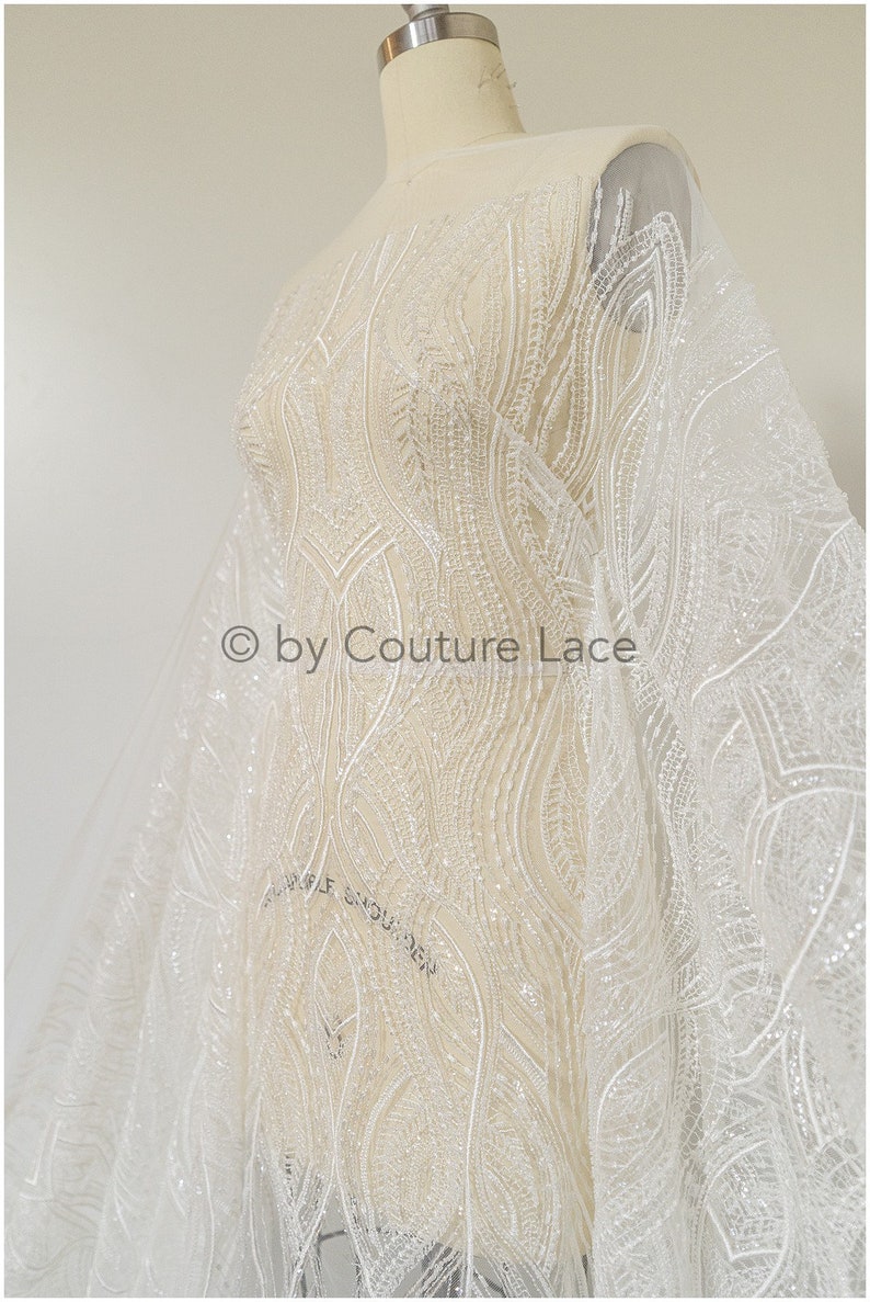 L19-021 // Beaded Bridal Lace Fabric Beaded Wave Lace Fabric - Etsy