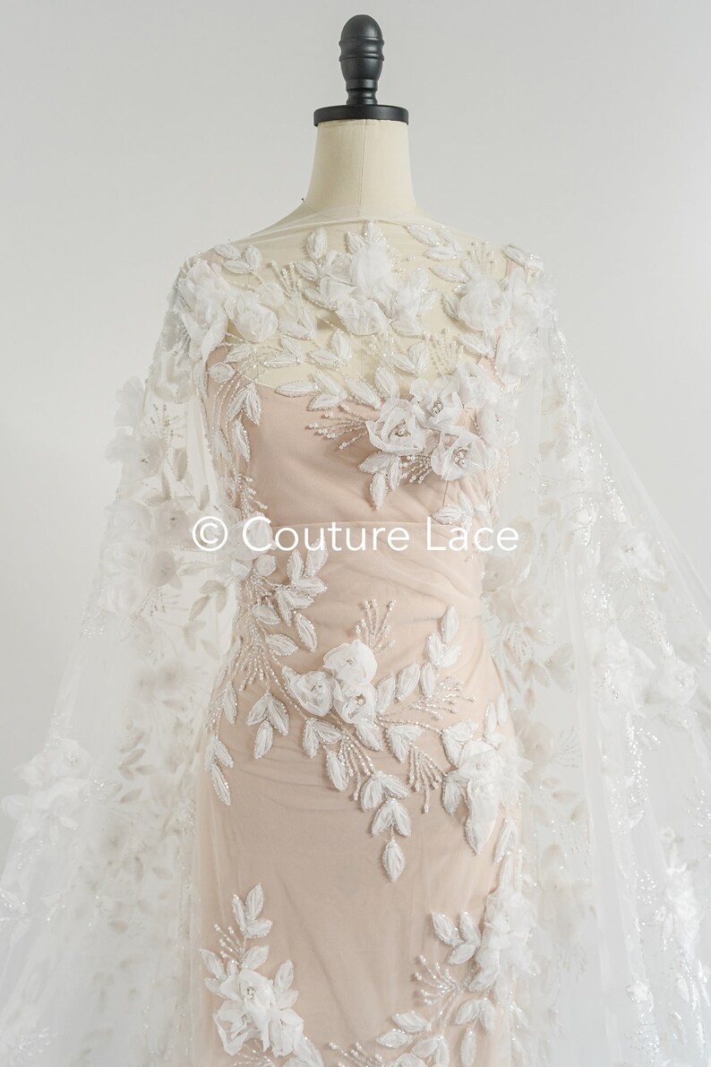 Hand Beaded Lace Fabric/ White Couture Lace Fabric/ Bridal Lace Fabric ...