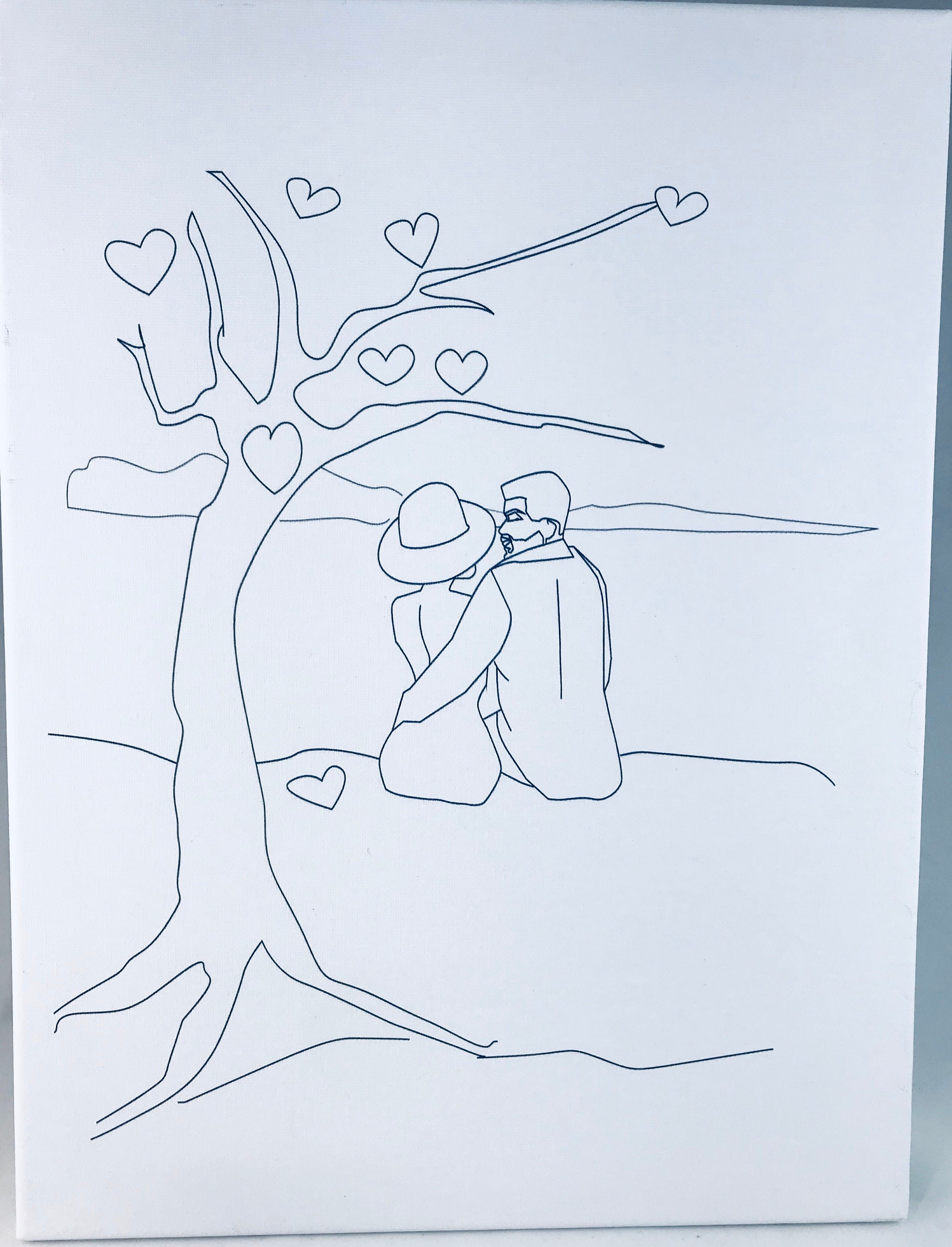 Lovers Sitting under tree Couple drawing Predrawn Canvas | Etsy