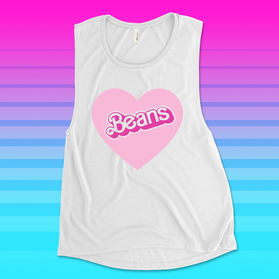 BEANS TANK TOP Retro 80s 90s Pink Heart on White Muscle Style Tanktop ...